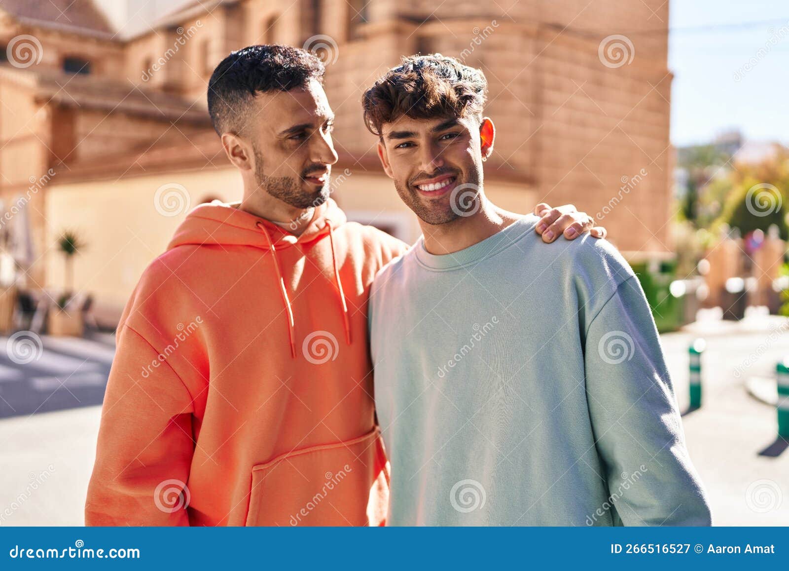 Two Man Couple Hugging Each Other Standing at Street Stock Image ...