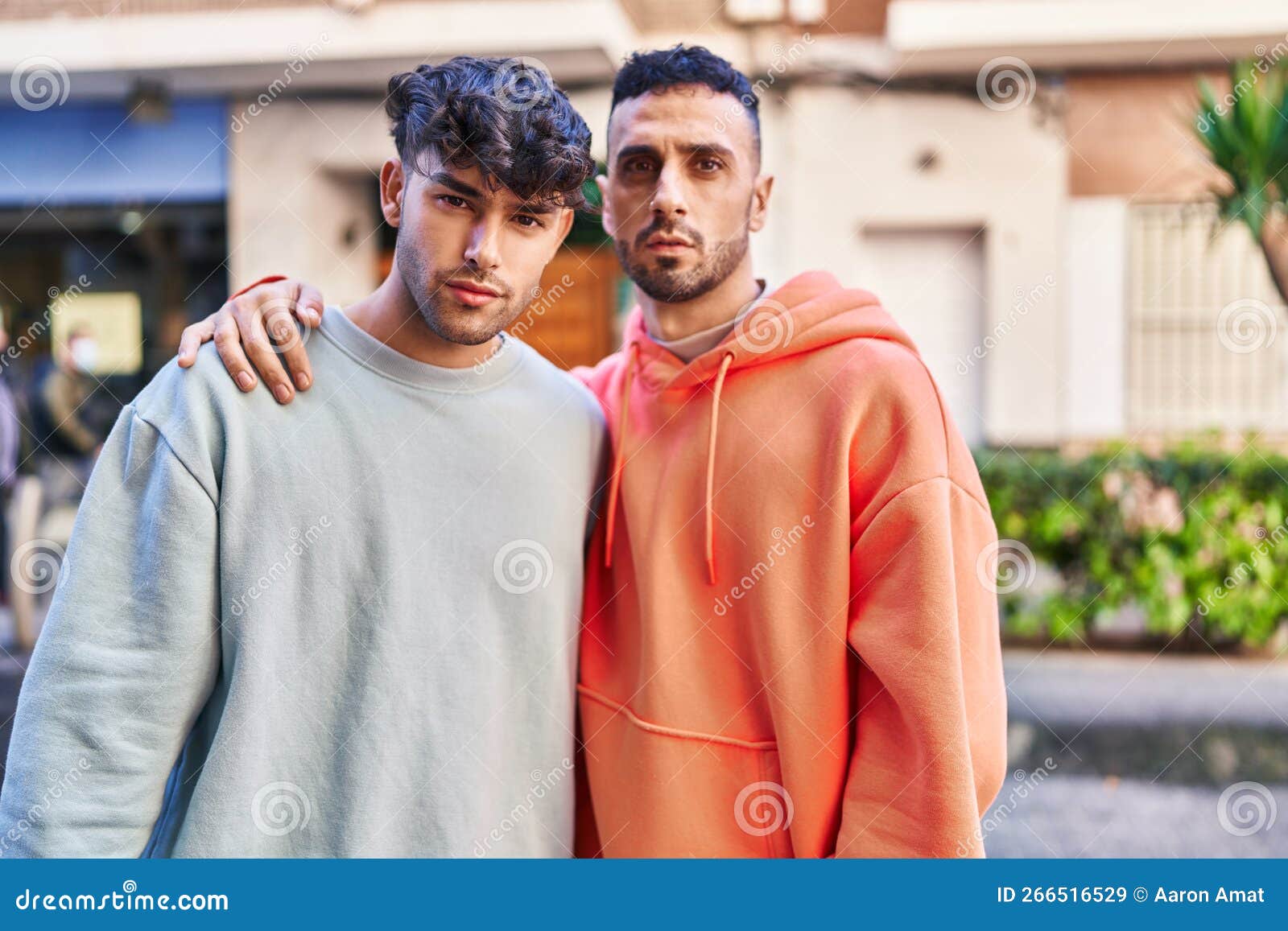 Two Man Couple Hugging Each Other Standing at Street Stock Image ...