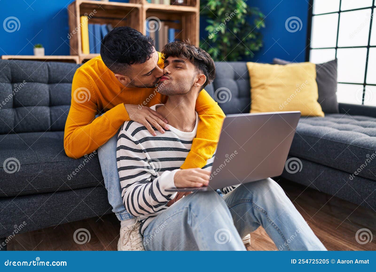 Two Man Couple Using Laptop Sitting on Sofa at Home Stock Image - Image ...