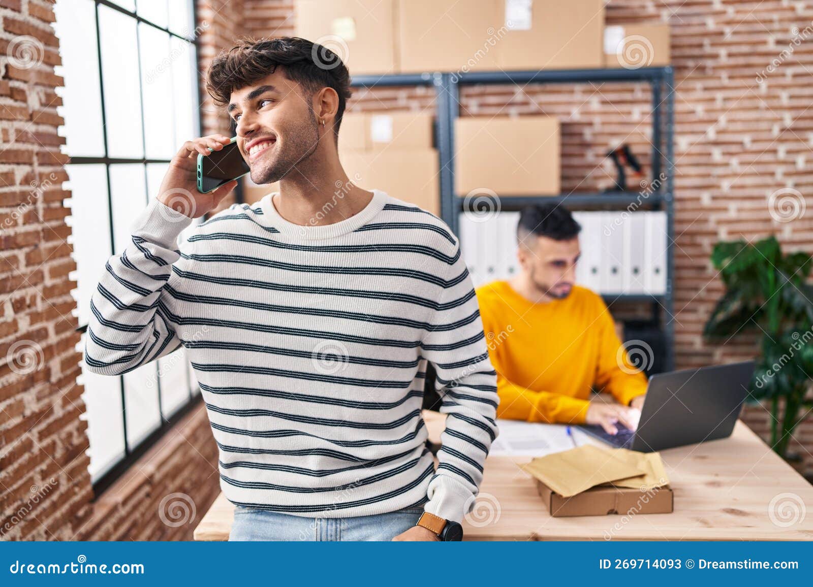 Two Man Ecommerce Business Workers Talking on the Smartphone Working at ...