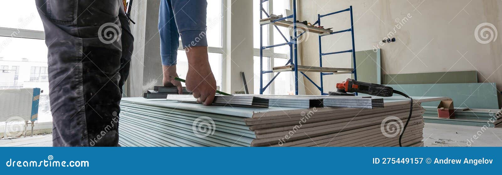 Two Man Help for Ceiling House Construction Stock Image - Image of room ...