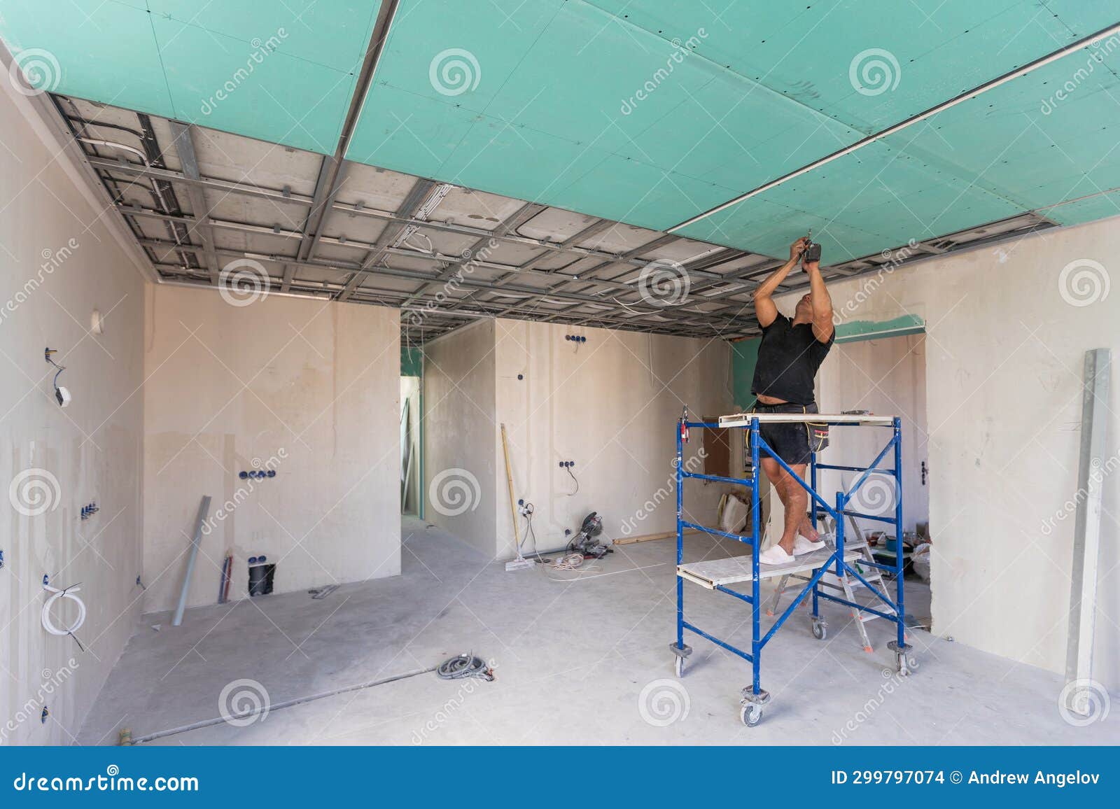 Two Man Help for Ceiling House Construction Stock Photo - Image of ...