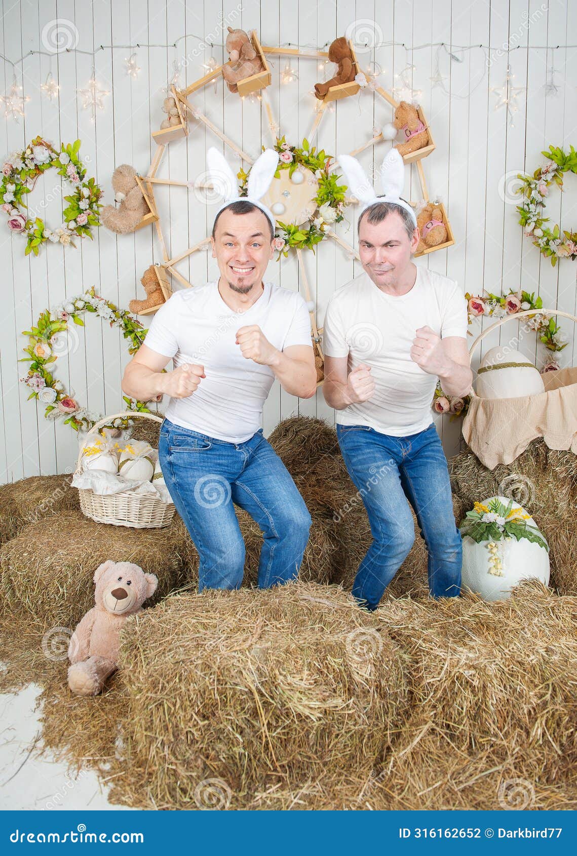 Two Man with Rabbit Ears Having Fun Standing in the Haystack Stock ...
