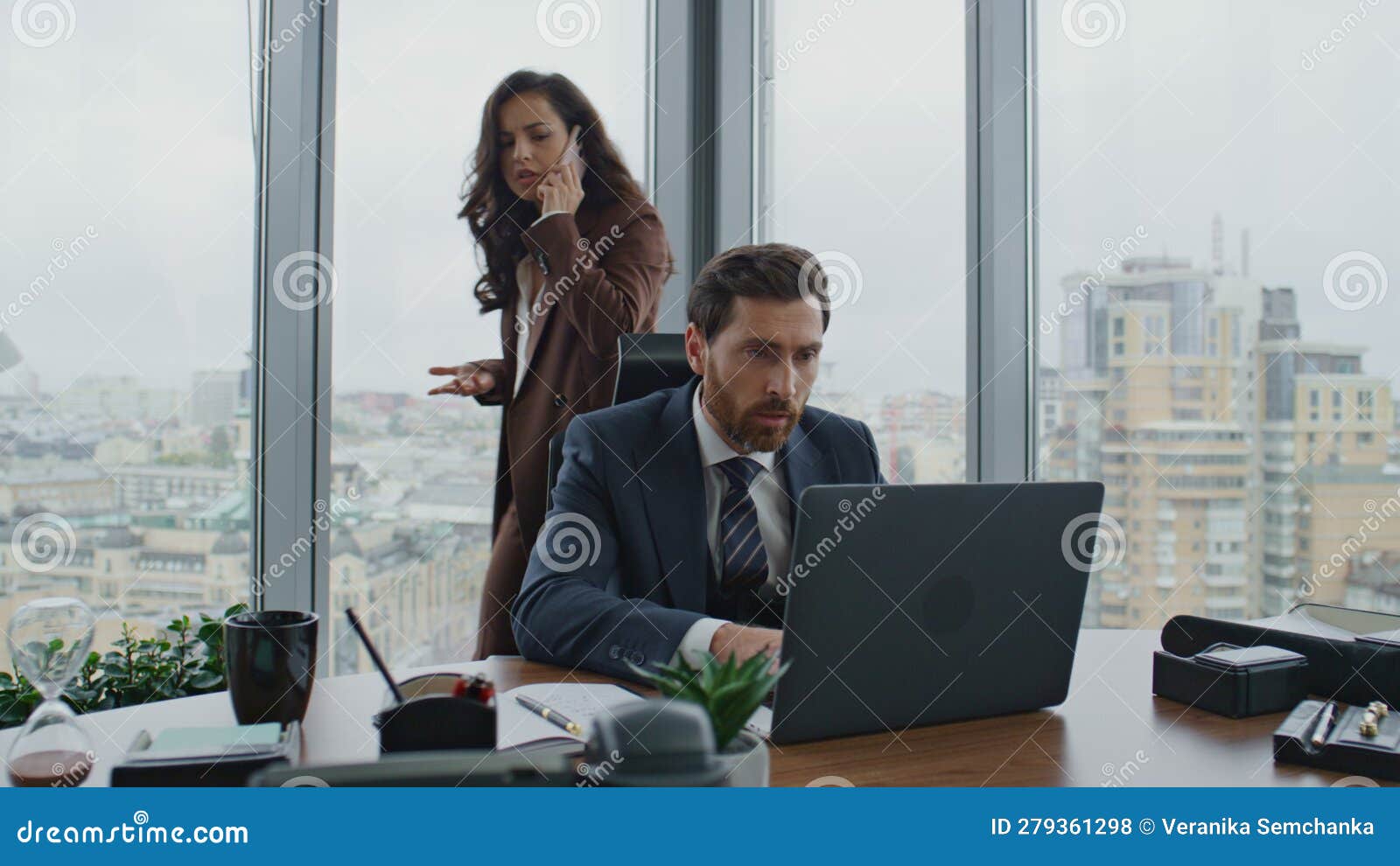 Two Managers Working Project Solving Problems on Telephone. Team ...