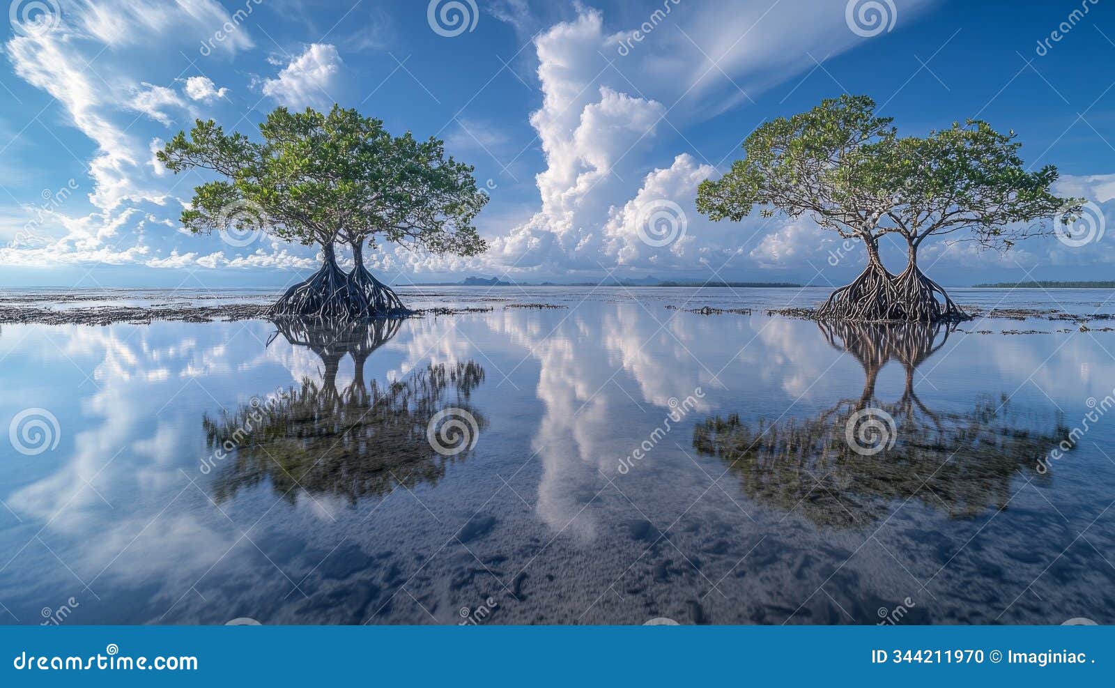 Two Mangrove Trees with Exposed Roots Reflected in Calm Water Stock ...