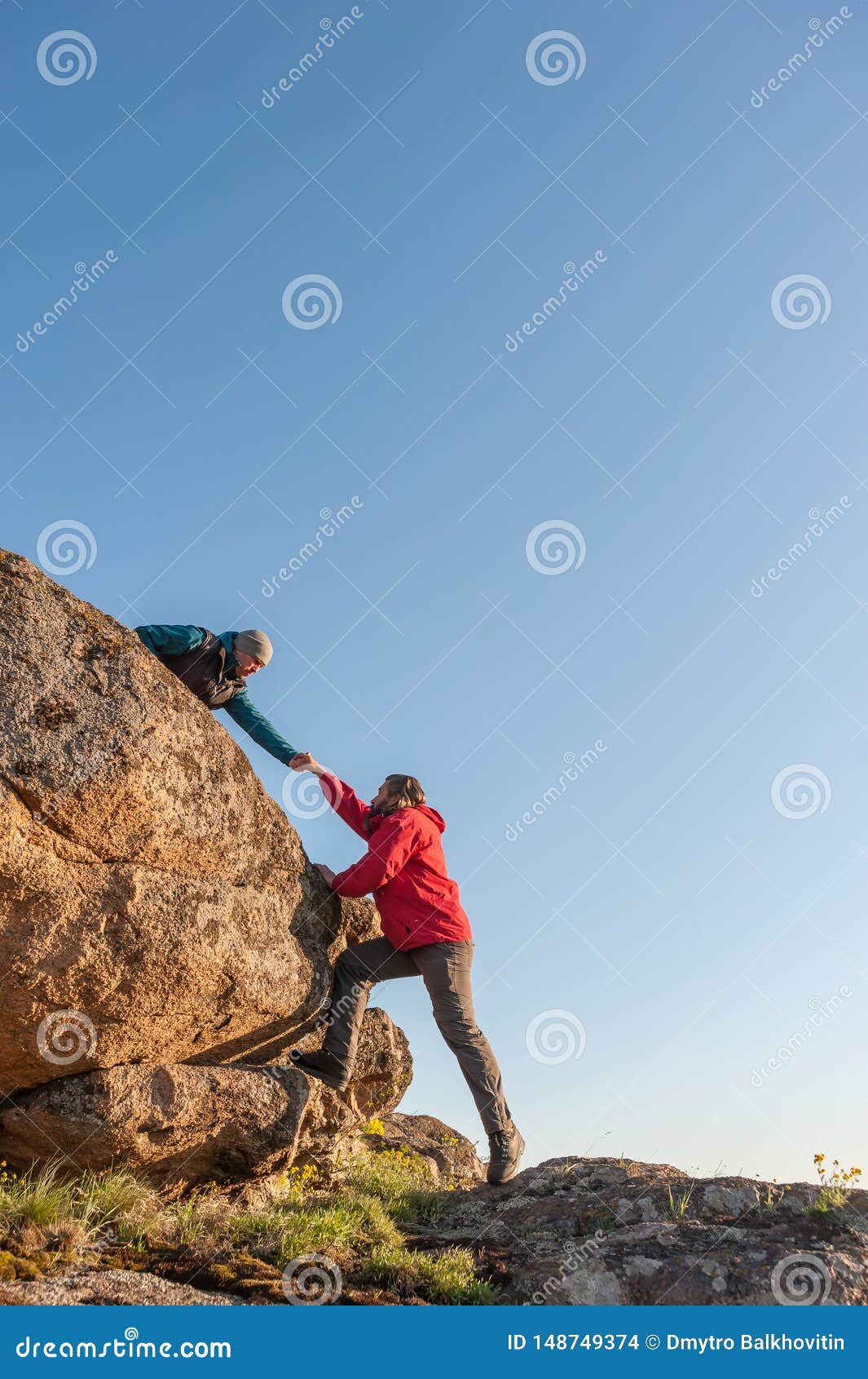 Two Mans Help Each Other Hiking Stock Photo - Image of landscape ...
