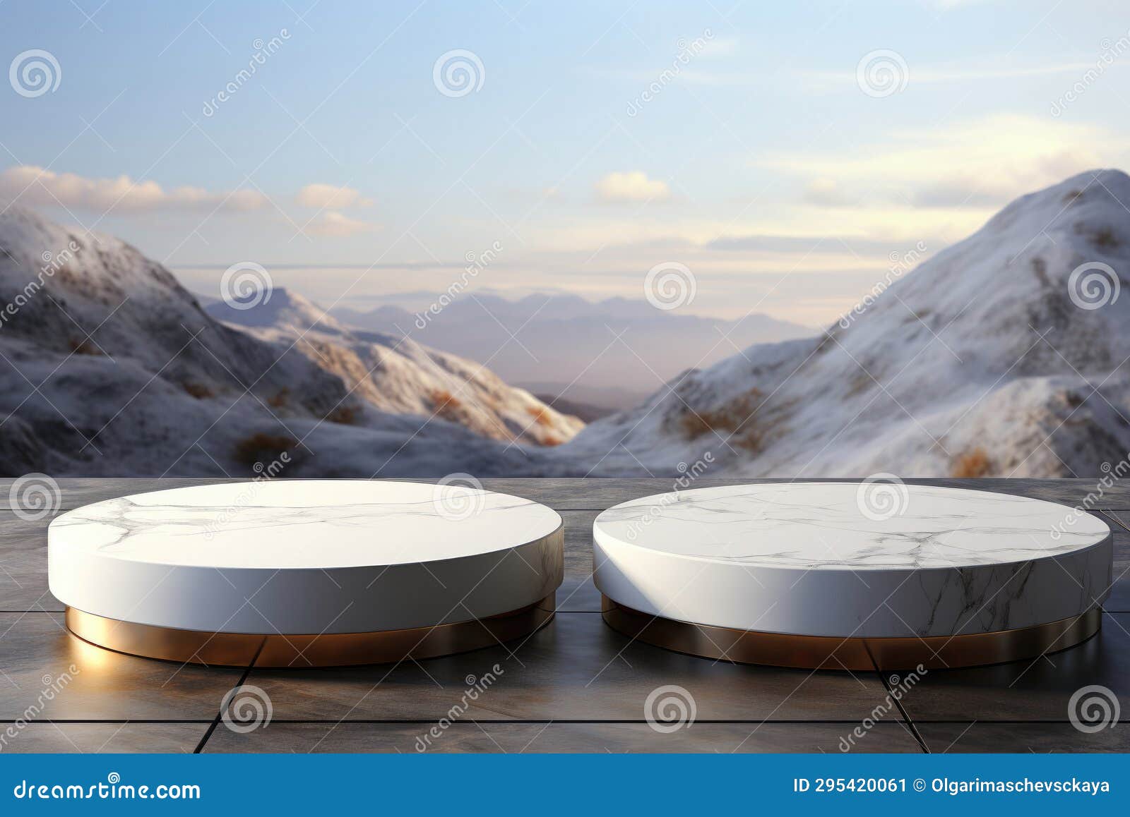 Two Marble White Cylindrical Platforms for Product Demonstration on a ...