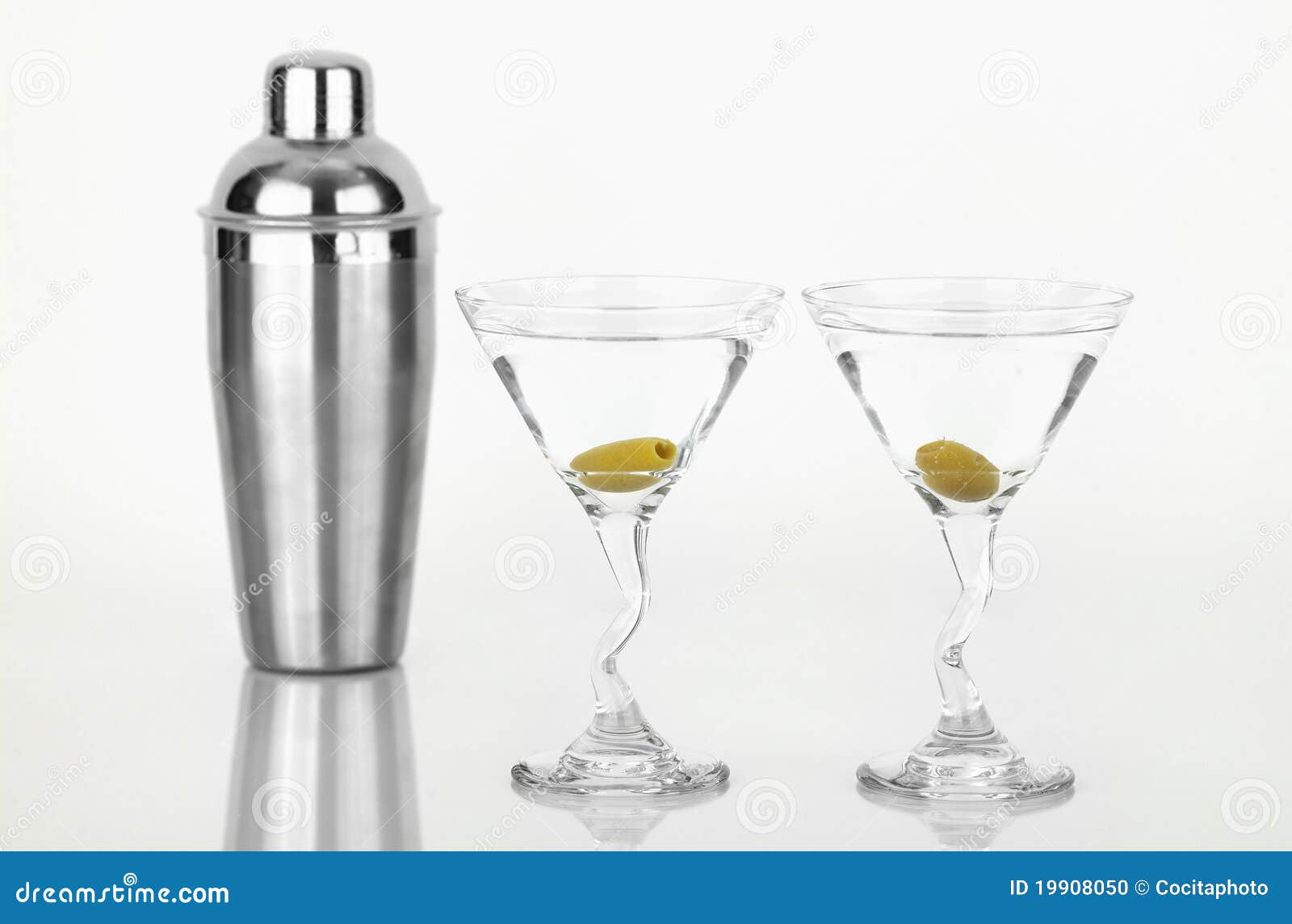 Two Martinis with Stainless Steel Shaker Stock Photo - Image of olives ...