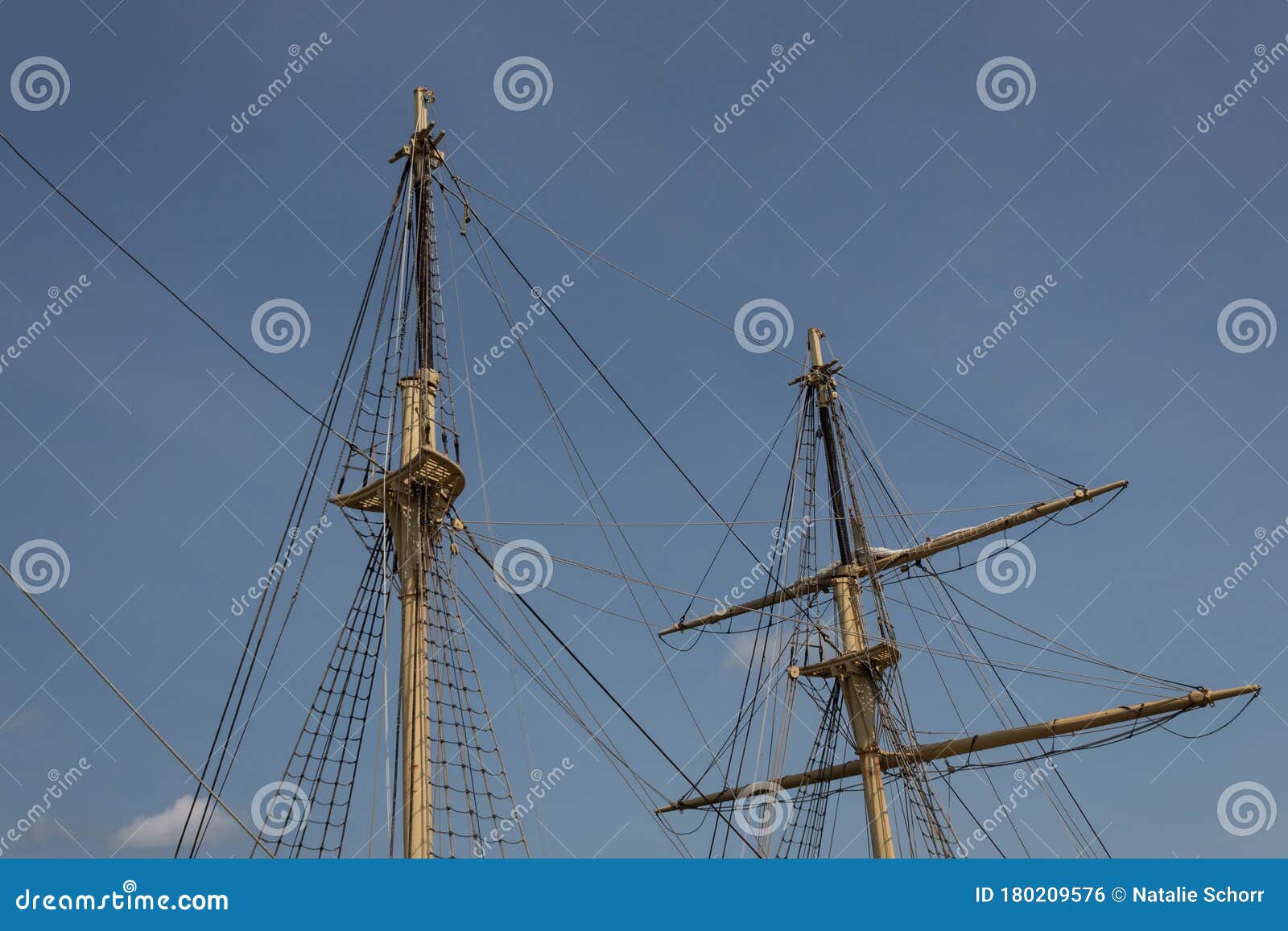Two Masts, Rigging and Shrouds on an Old Tall Ship Against a Blue Sky ...