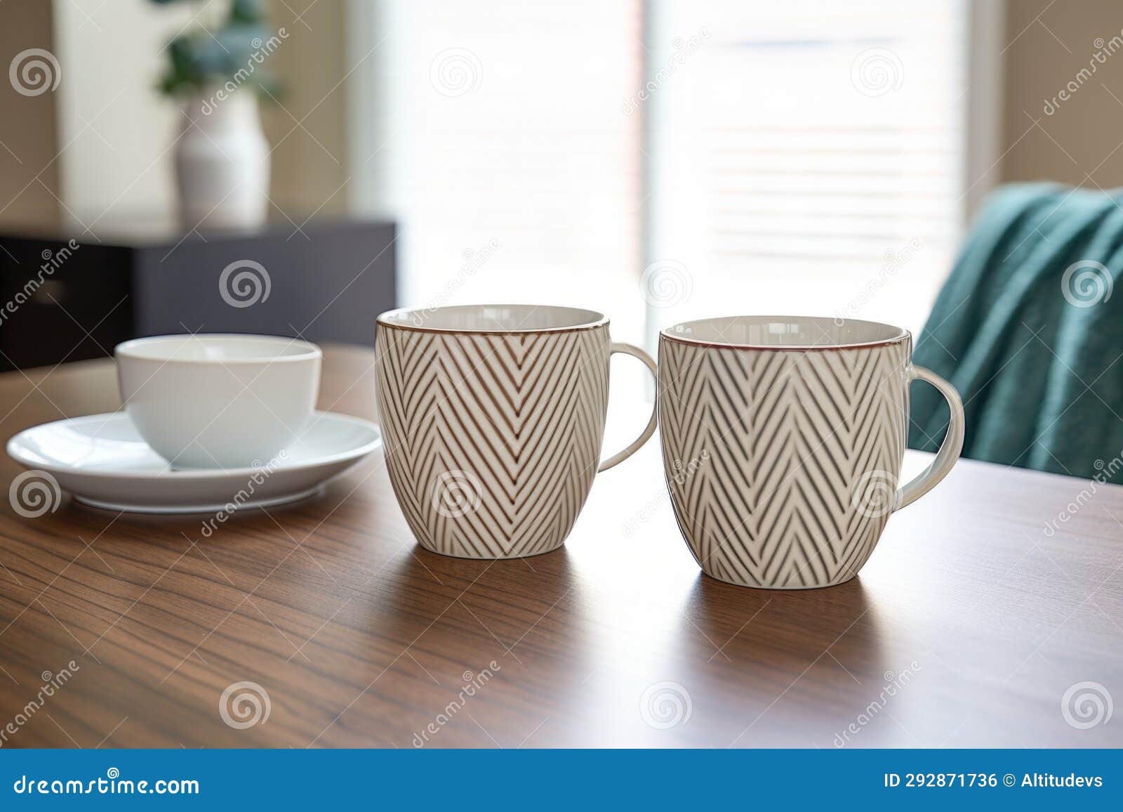 Two Matching Coffee Cups by a Large Dining Table Stock Photo - Image of ...