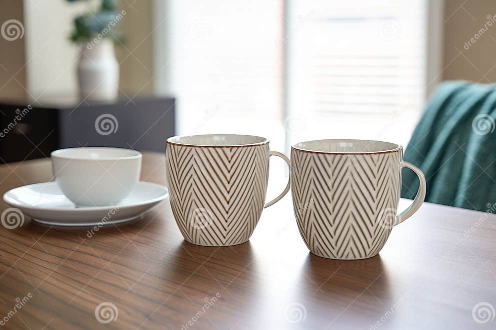 Two Matching Coffee Cups by a Large Dining Table Stock Photo - Image of ...