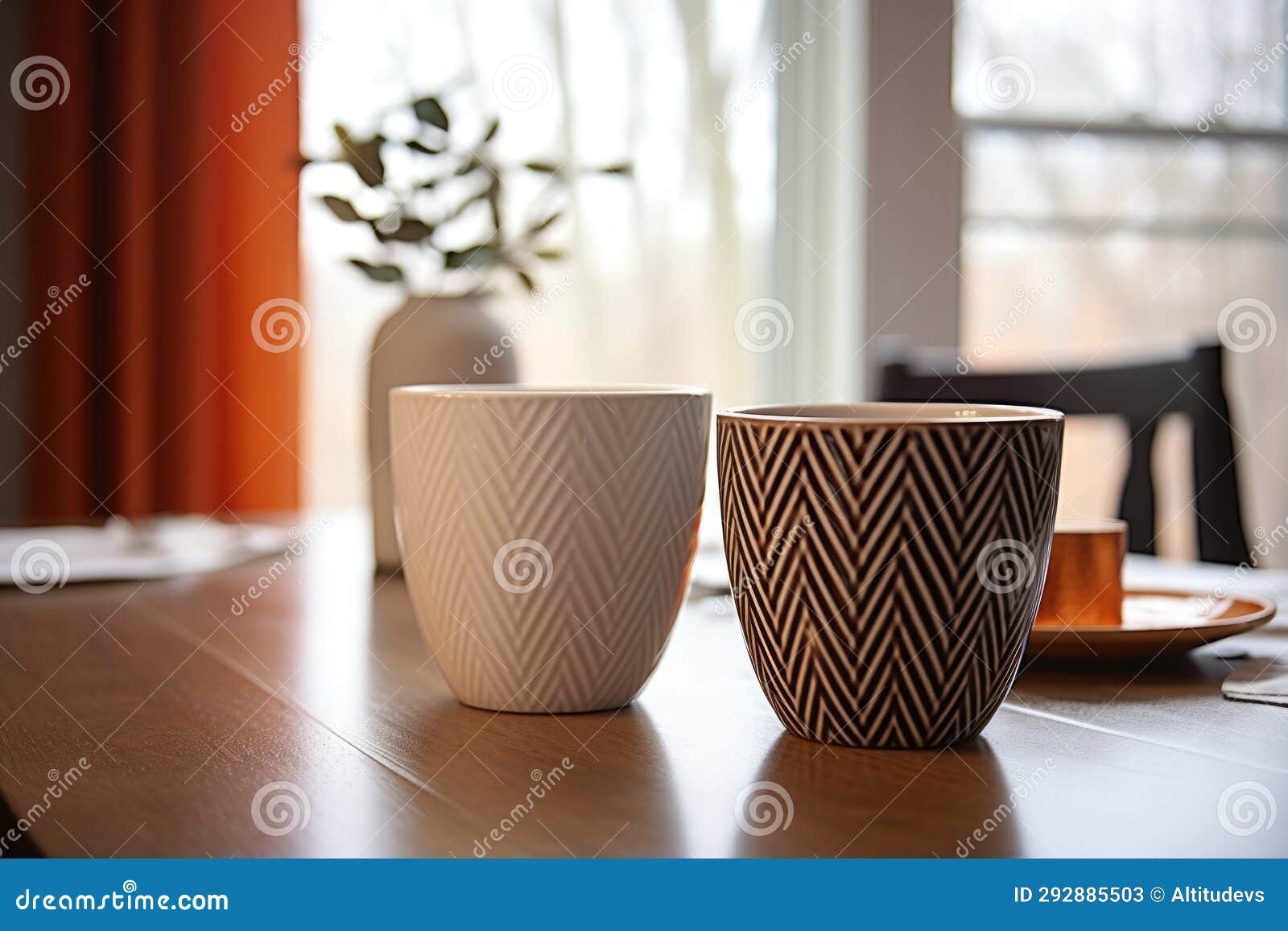 Two Matching Coffee Cups by a Large Dining Table Stock Image - Image of ...