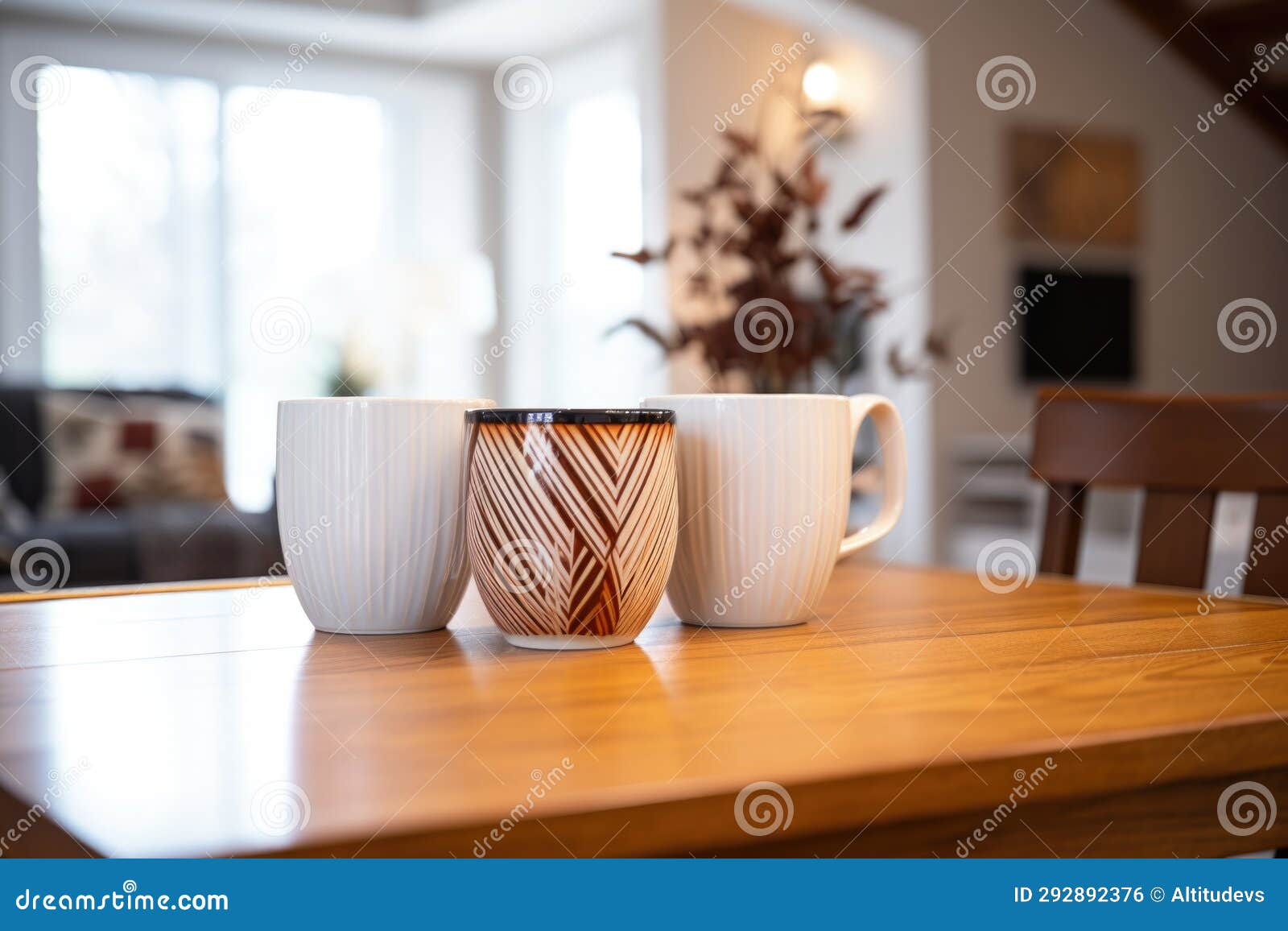 Two Matching Coffee Cups by a Large Dining Table Stock Photo - Image of ...