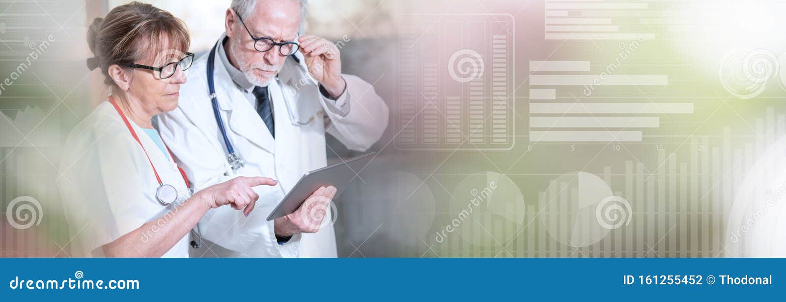 Two Doctors Discussing about Medical Report on Tablet; Panoramic Banner ... Two Doctors Discussing about Medical Report on Tablet; Panoramic Banner ...