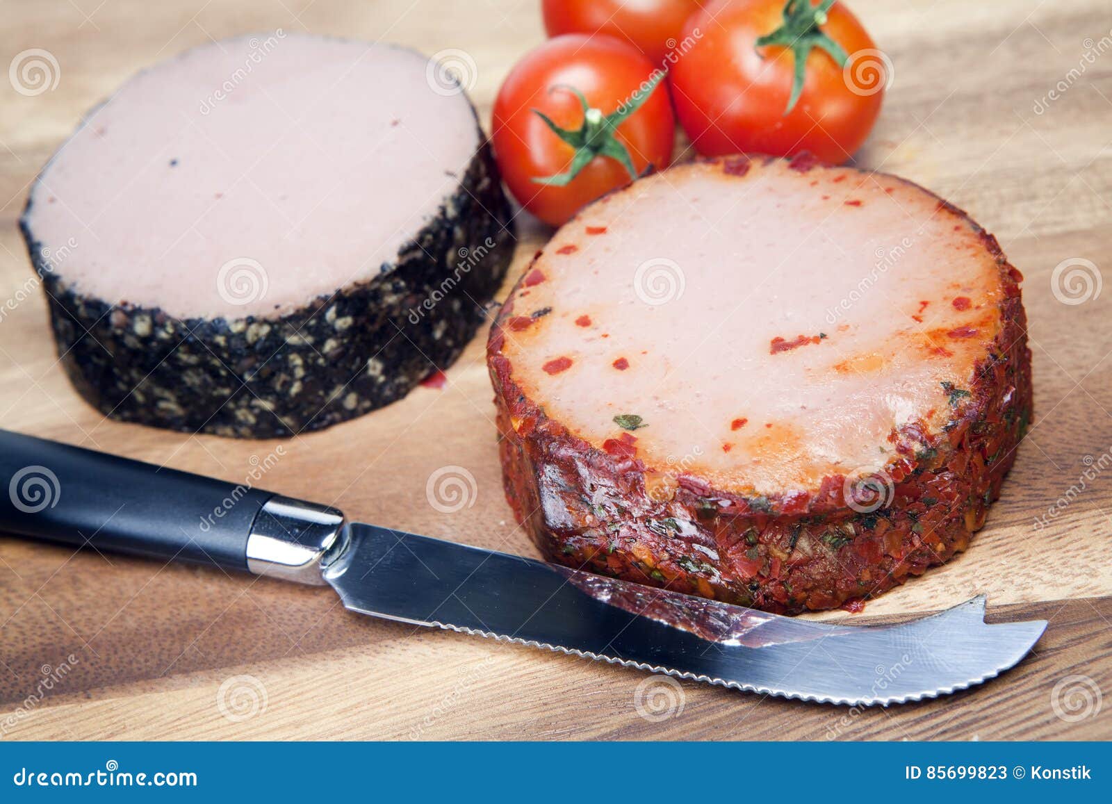 Two Meat Pastes, Special Knife and Tomato Stock Image - Image of slice ...