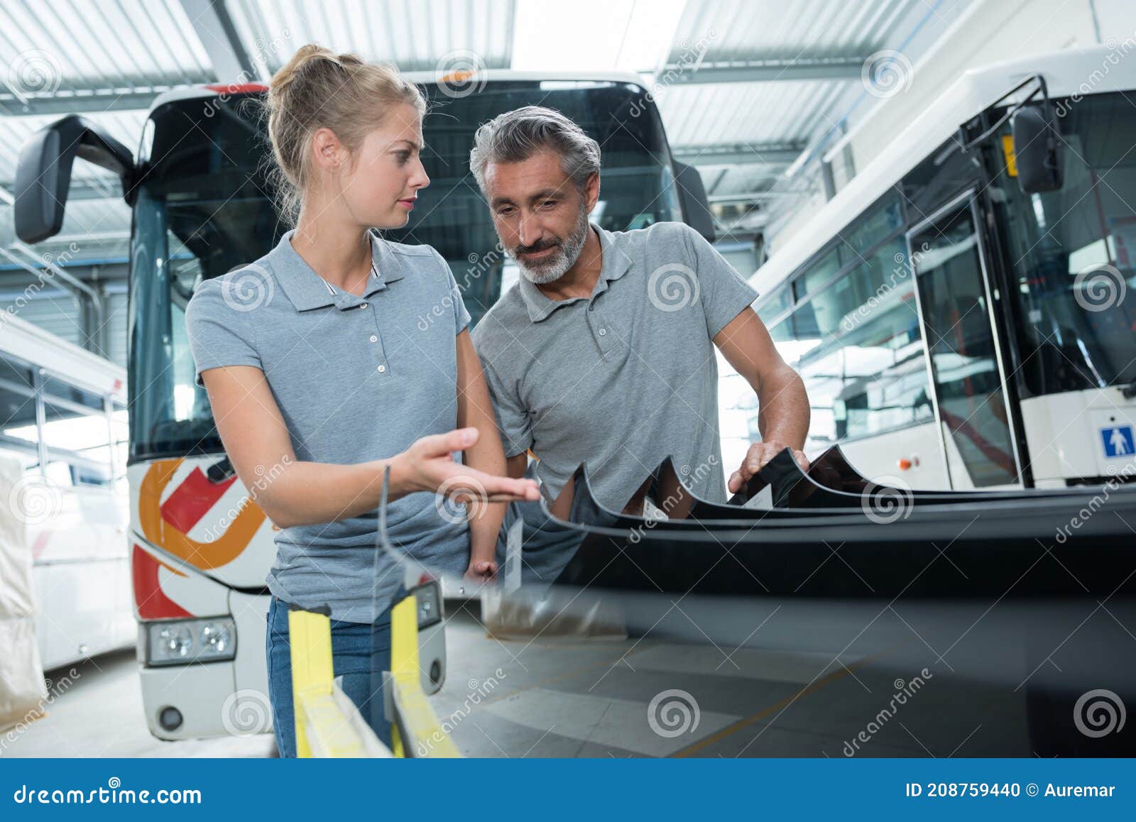 Two mechanic buses talking stock photo. Image of garage - 208759440