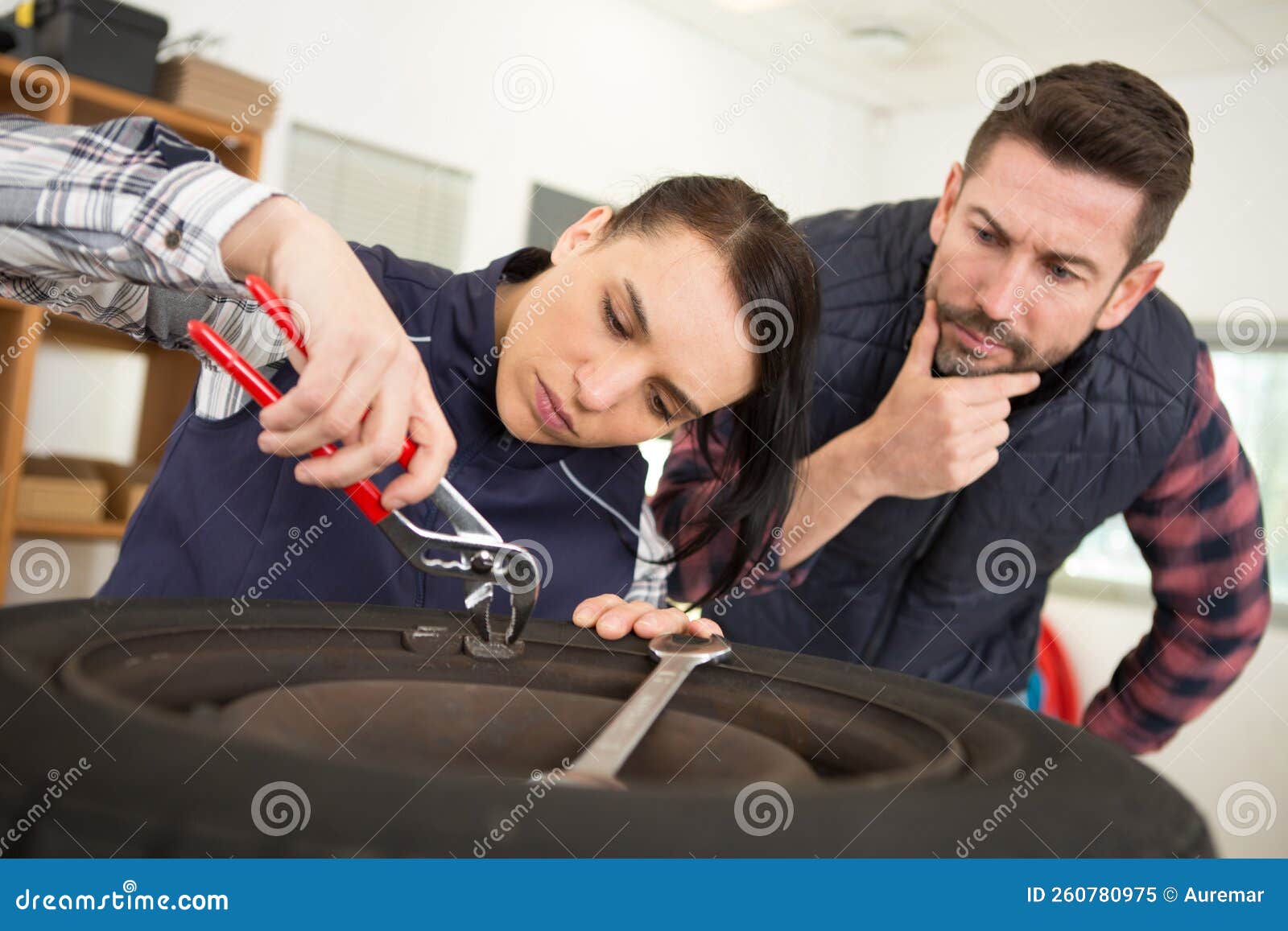 Two Mechanics Standing Together in Car Fixing Workshop Stock Image ...