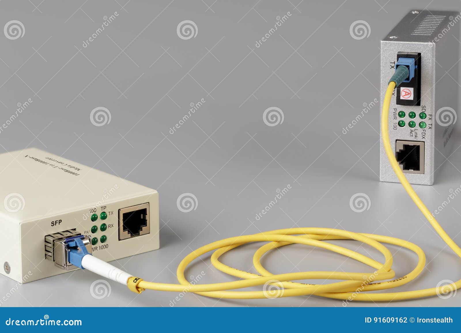 Two Media Converters Connected by Cable Optical Fiber Stock Photo ...
