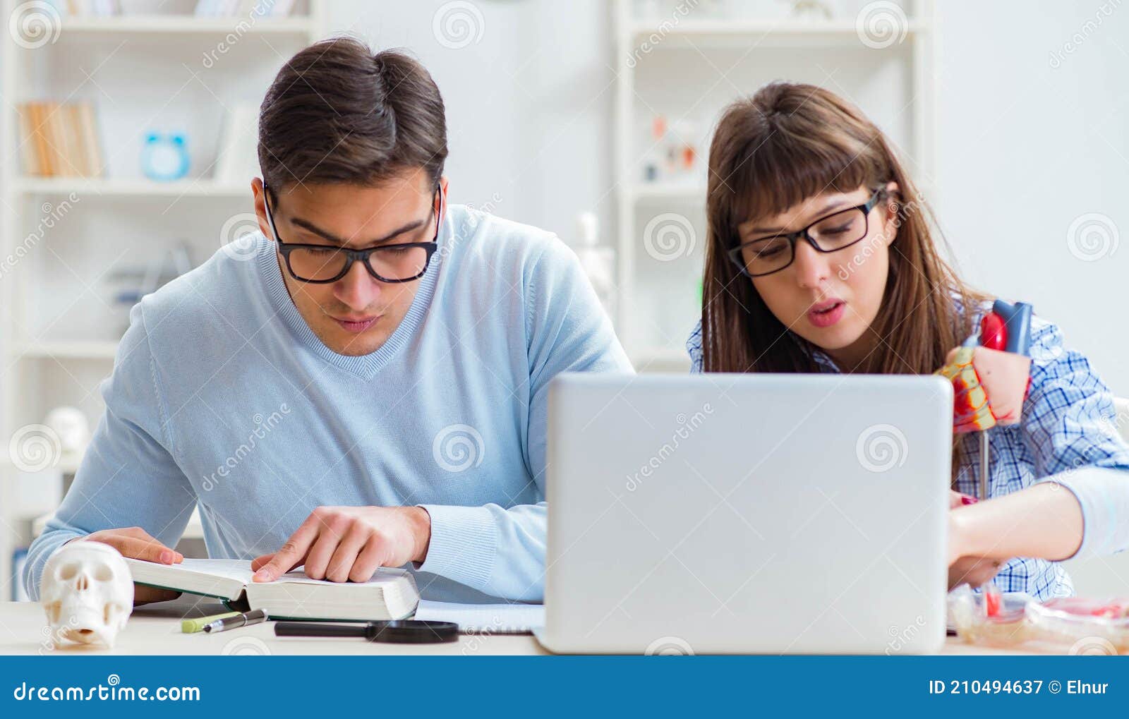 Two Medical Students Studying in Classroom Stock Image - Image of body ...