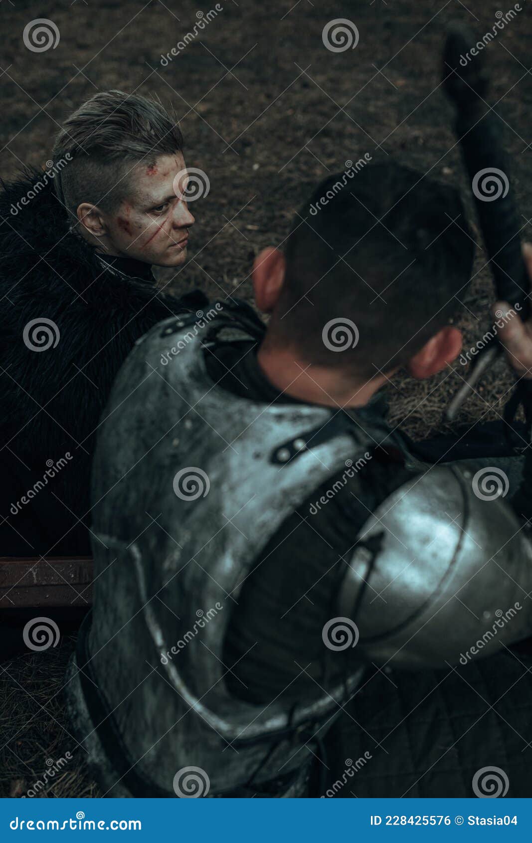Two Medieval Knights in Armour Sit and Rest among Forest Stock Photo ...