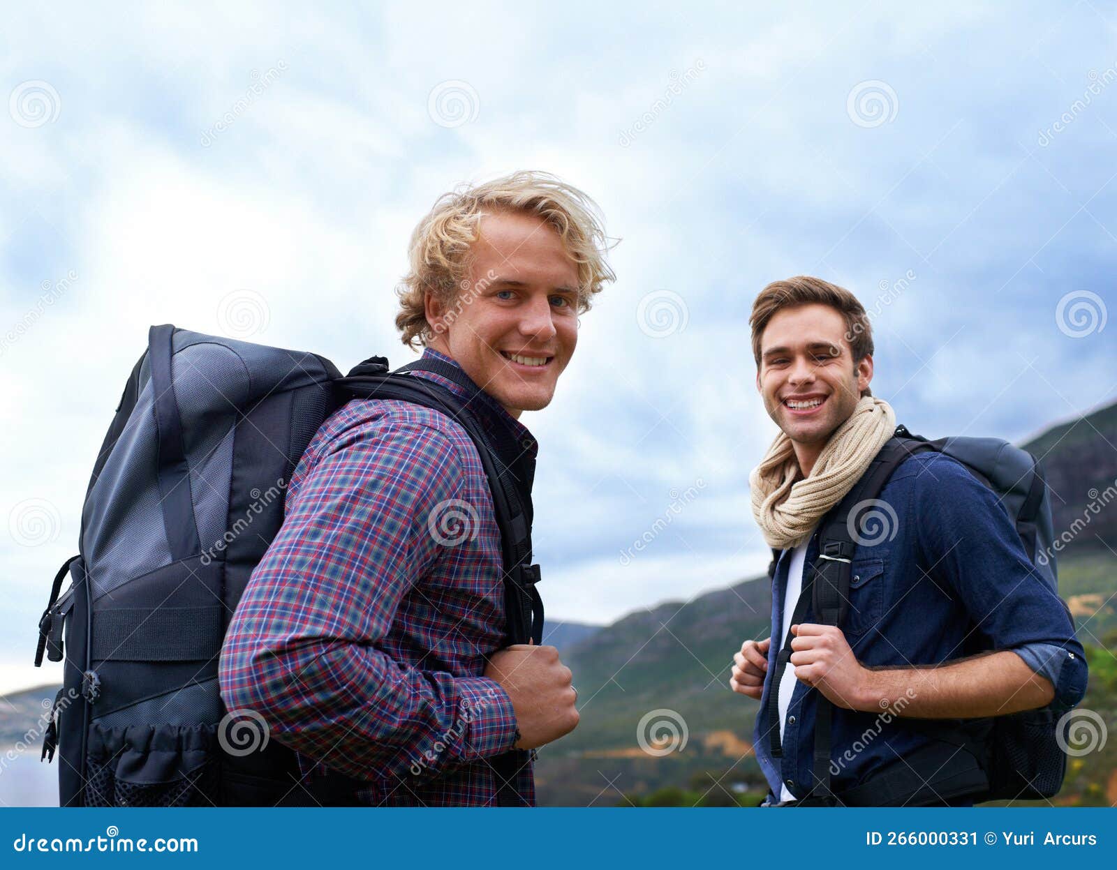 Two Men of Adventure. Two Male Backpackers Exploring Nature Together ...