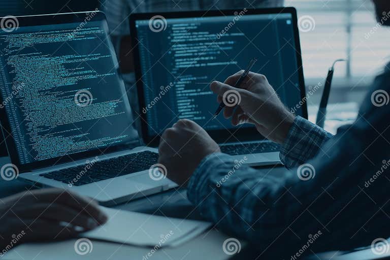 Two Men Analyzing Big Data on Screen at an Office Together. Coders ...