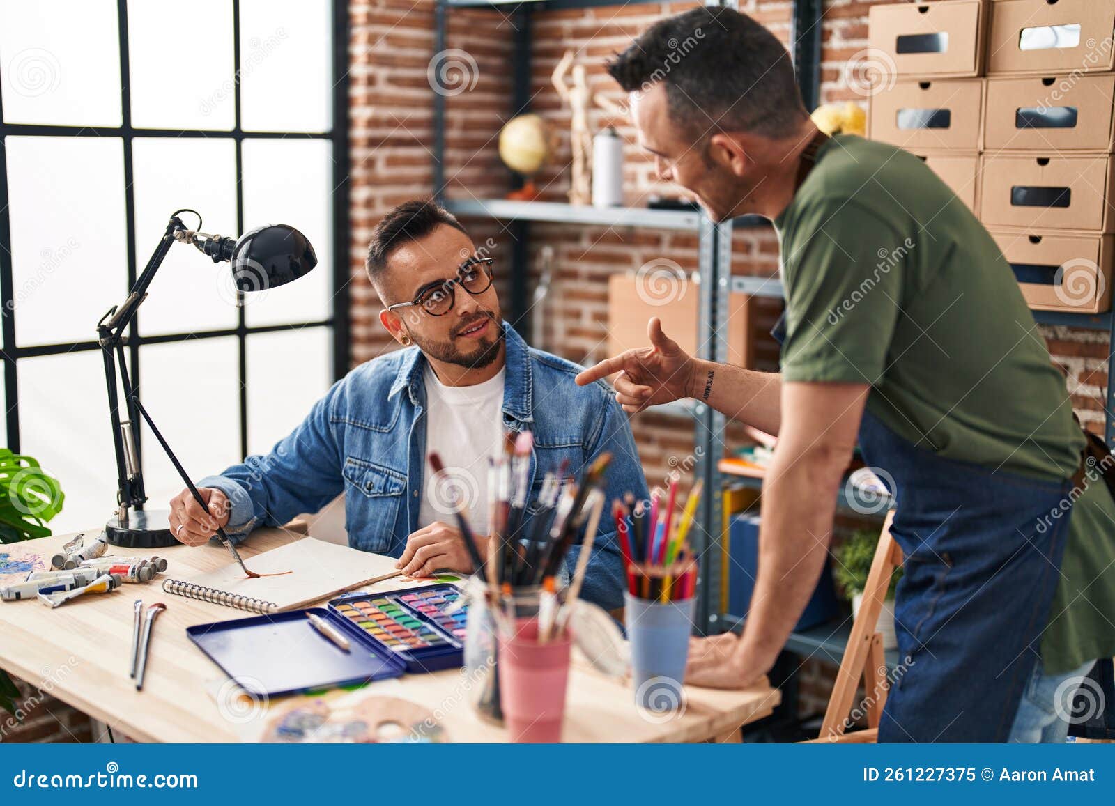Two Men Artists Drawing on Notebook at Art Studio Stock Image - Image ...