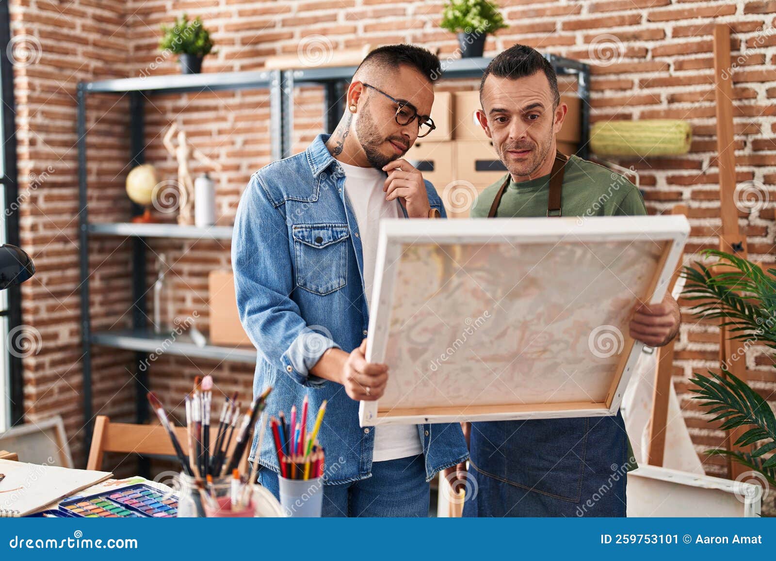 Two Men Artists Looking Draw with Relaxed Expression at Art Studio ...