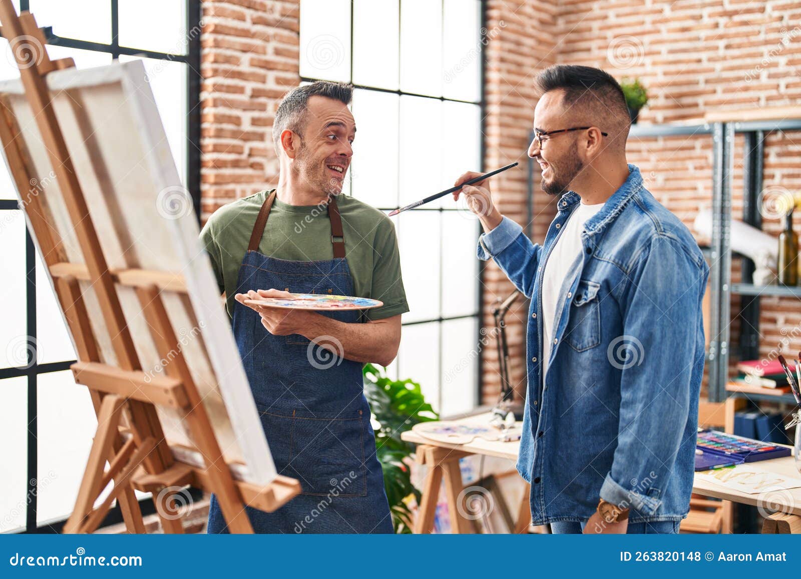 Two Men Artists Smiling Confident Drawing at Art Studio Stock Photo ...