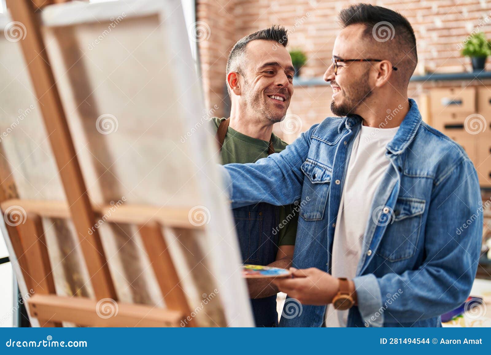 Two Men Artists Smiling Confident Drawing at Art Studio Stock Photo ...