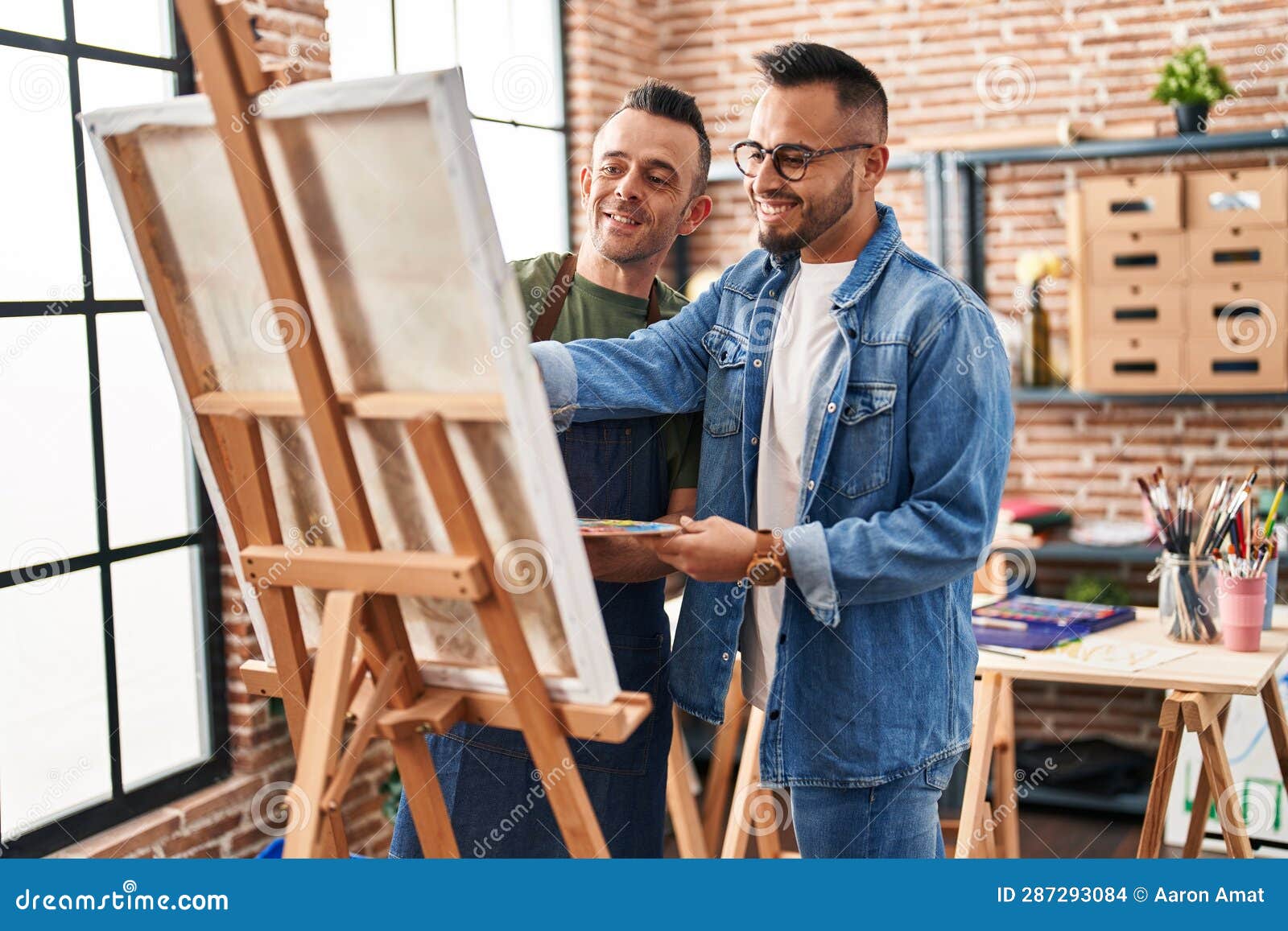 Two Men Artists Smiling Confident Drawing at Art Studio Stock Photo ...