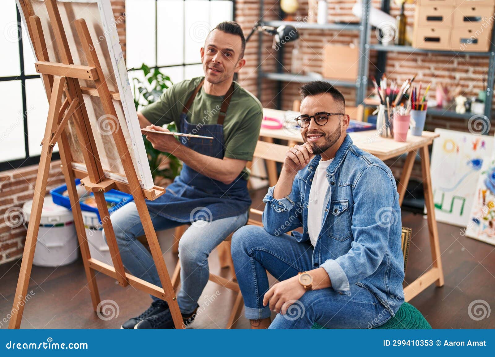 Two Men Artists Smiling Confident Drawing at Art Studio Stock Image ...