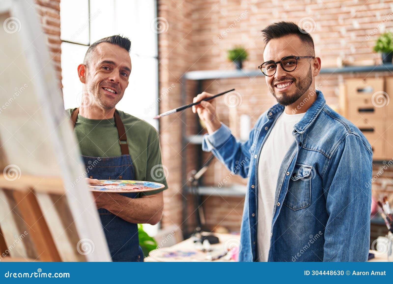 Two Men Artists Smiling Confident Drawing at Art Studio Stock Photo ...