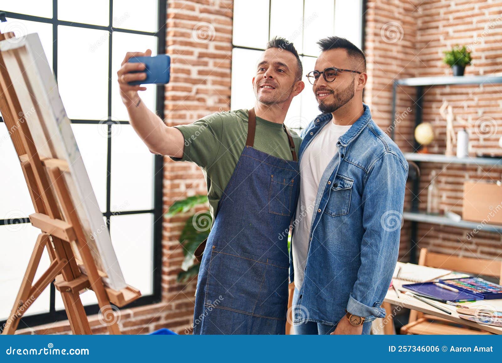 Two Men Artists Smiling Confident Make Selfie by Smartphone at Art ...