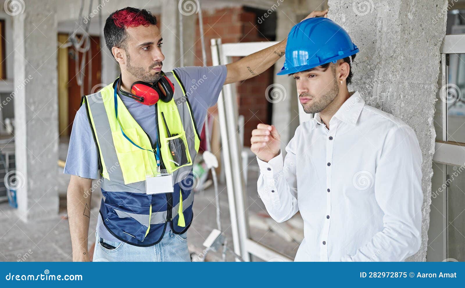 Two Men Builder and Architect Standing Together with Stressed ...