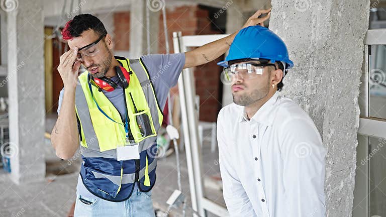 Two Men Builder and Architect Standing Together with Stressed ...