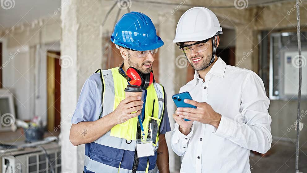 Two Men Builder and Architect Using Smartphone Drinking Coffee at ...