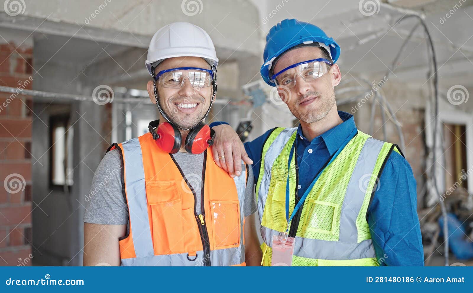 Two Men Builders Smiling Confident Standing Together at Construction ...