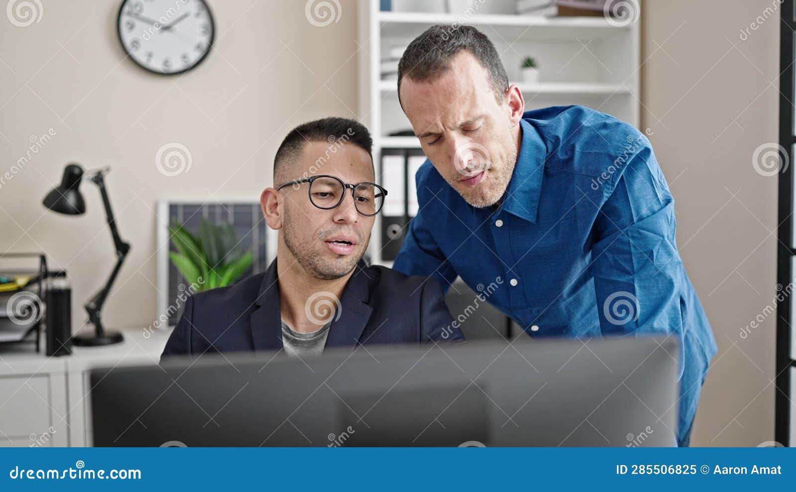 Two Men Business Workers Using Computer and Speaking at Office Stock ...