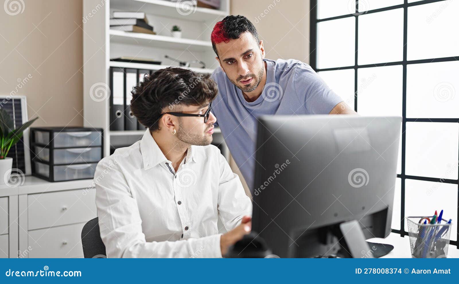 Two Men Business Workers Using Computer Working at Office Stock Photo ...