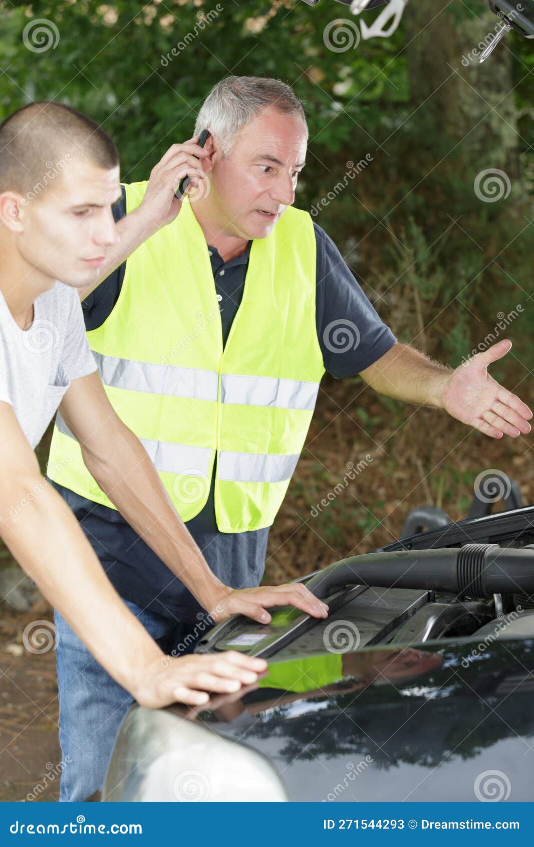 Two Men Calling Car Help Assistance after Accident Stock Image - Image ...