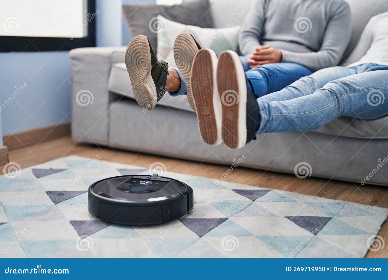 Two Men Cleaning Floor Using Cleaner Vacuum Robot at Home Stock Photo ...