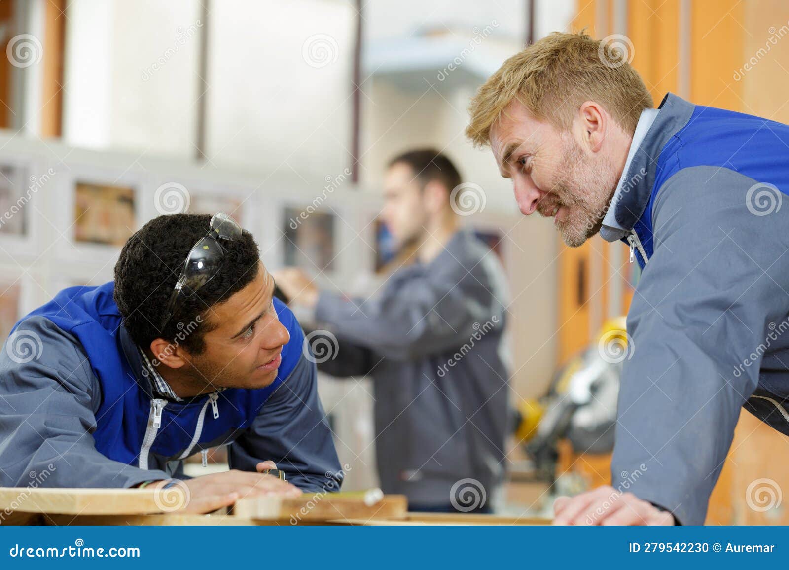 Two Men Cooperation in Workshop Stock Photo - Image of material ...