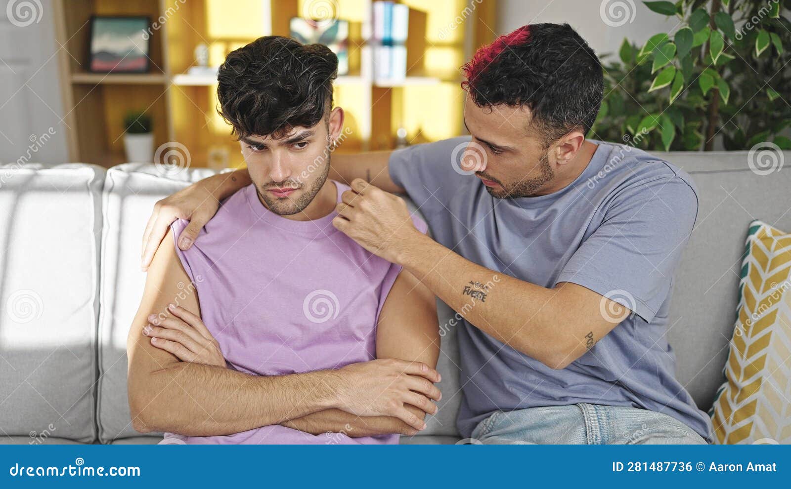 Two Men Couple Hugging Each Other Looking Upset Supporting at Home ...