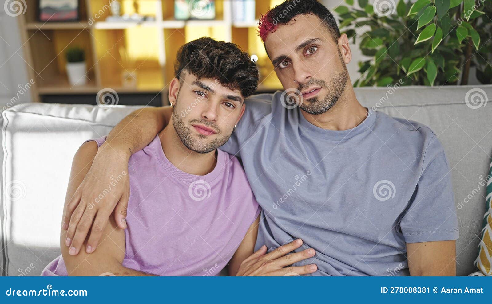 Two Men Couple Hugging Each Other with Relaxed Expression at Home Stock ...