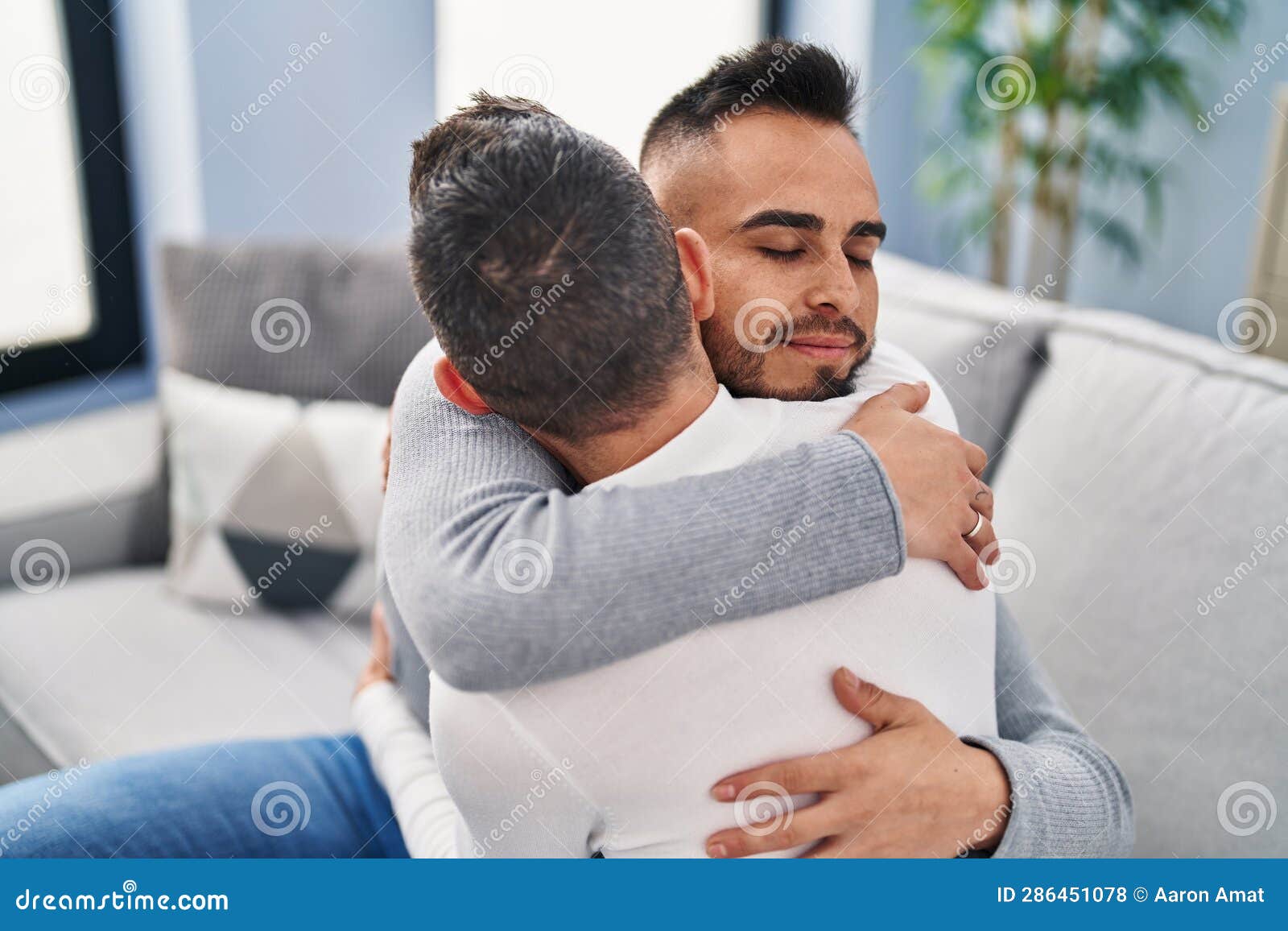 Two Men Couple Hugging Each Other Sitting on Sofa at Home Stock Photo ...