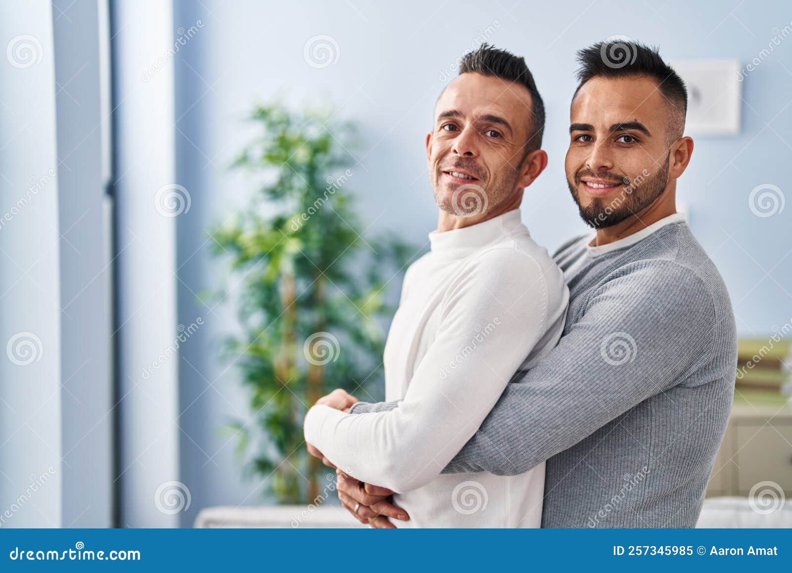 Two Men Couple Hugging Each Other Standing at Home Stock Image - Image ...