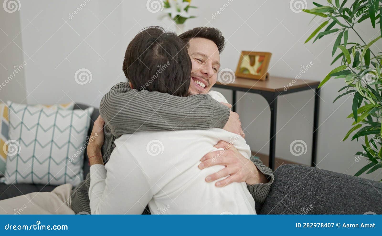 Two Men Couple Sitting on Sofa Hugging Each Other at Home Stock Image ...