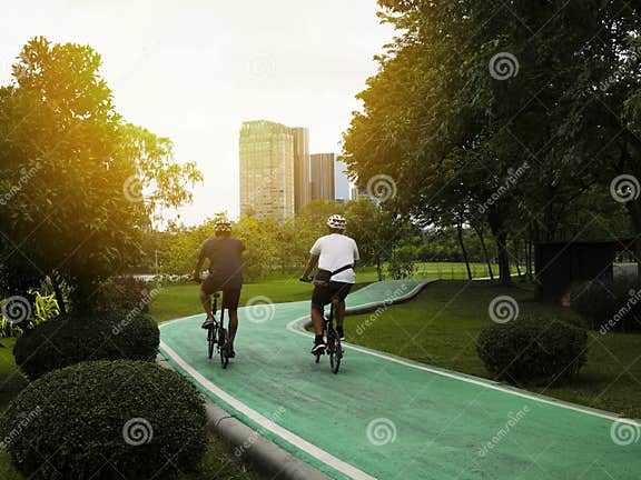 Two Men are Cycling on a Bicycle Path in a Public Park. Editorial ...