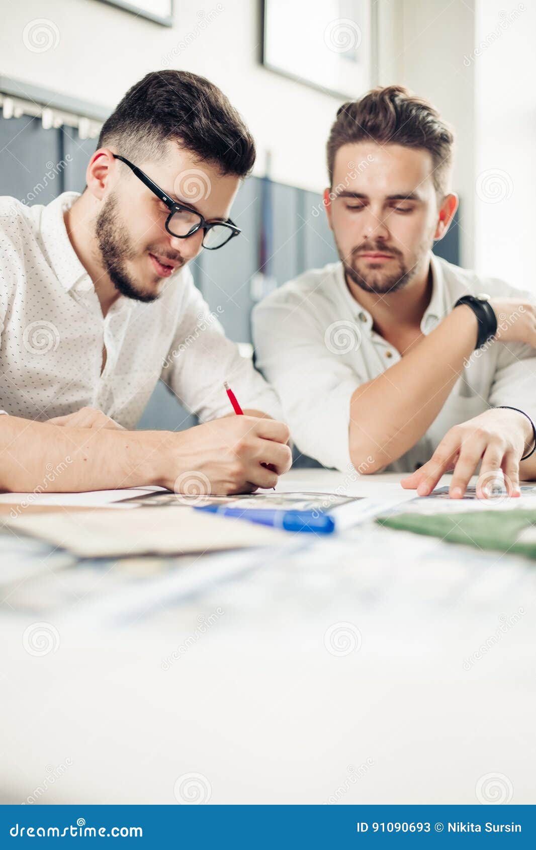 Two Men Designers Looking at Plans Stock Image - Image of collaboration ...